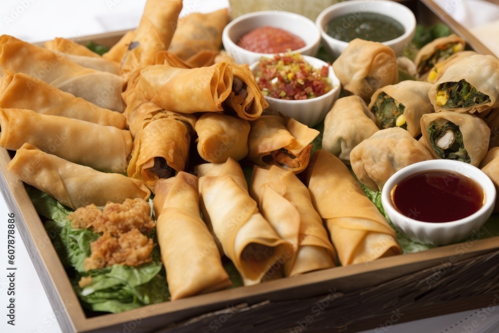 platter of fusion-inspired appetizers, including spring rolls, wontons ...