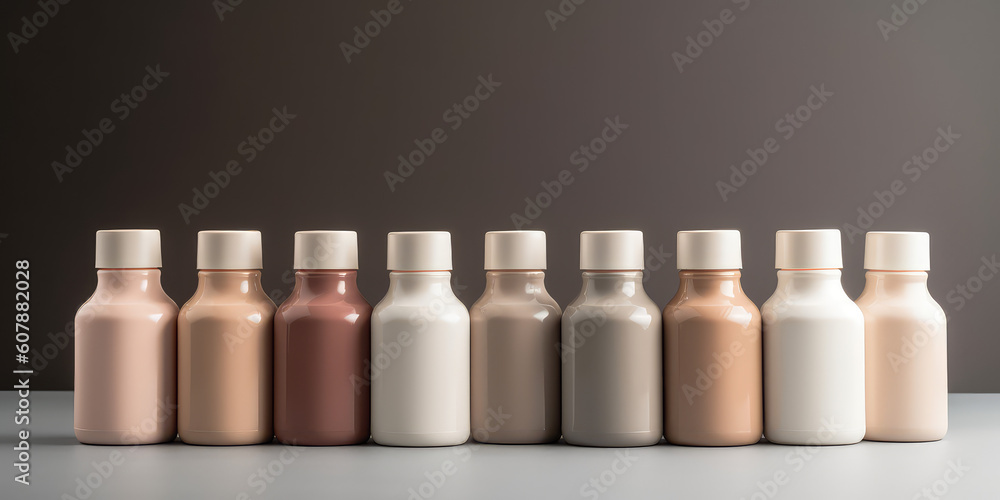 Plastic paint bottles in different pastel colors with white lids stand ...