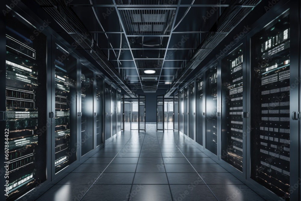 data center with shelves of servers and processors, cloud storage and ...