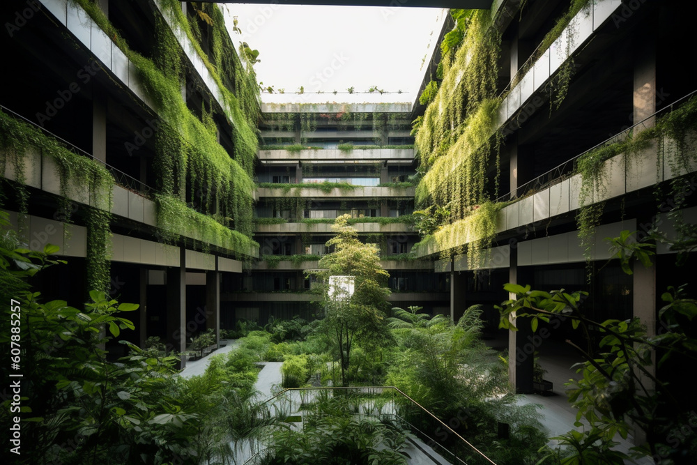 Biophilic architecture design with lush vegetation and greenery ...