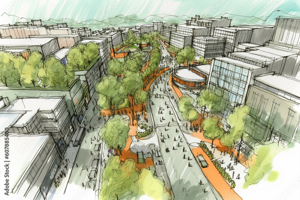 Urban planning sketch highlighting sustainable elements like green ...