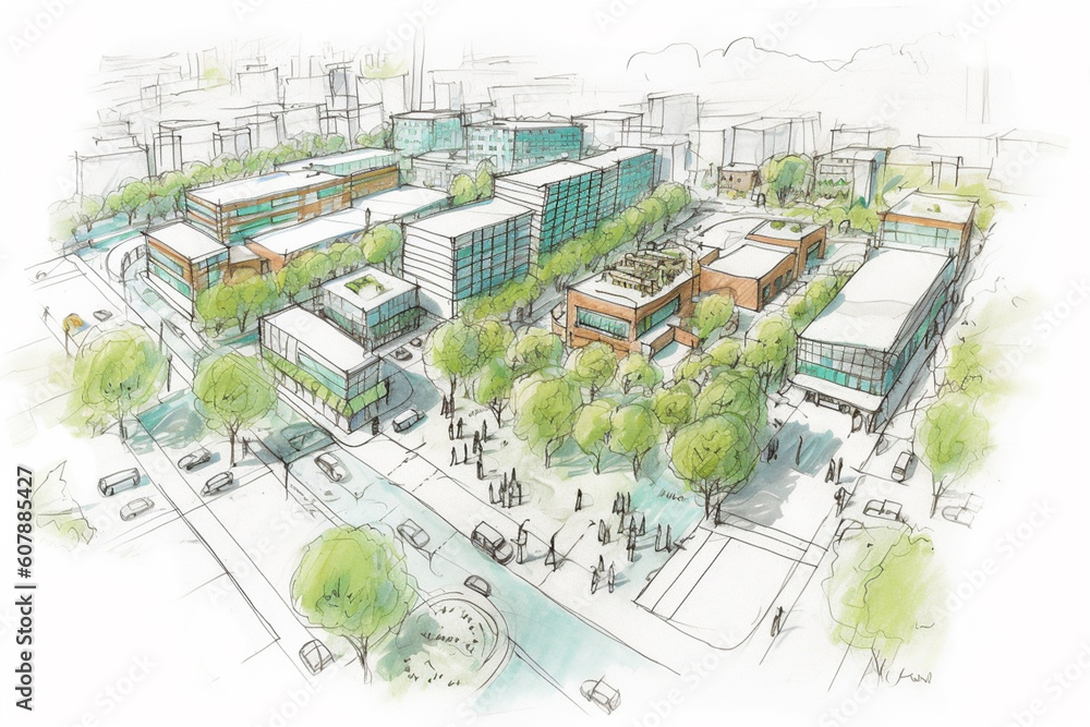 Urban planning sketch highlighting sustainable elements like green ...