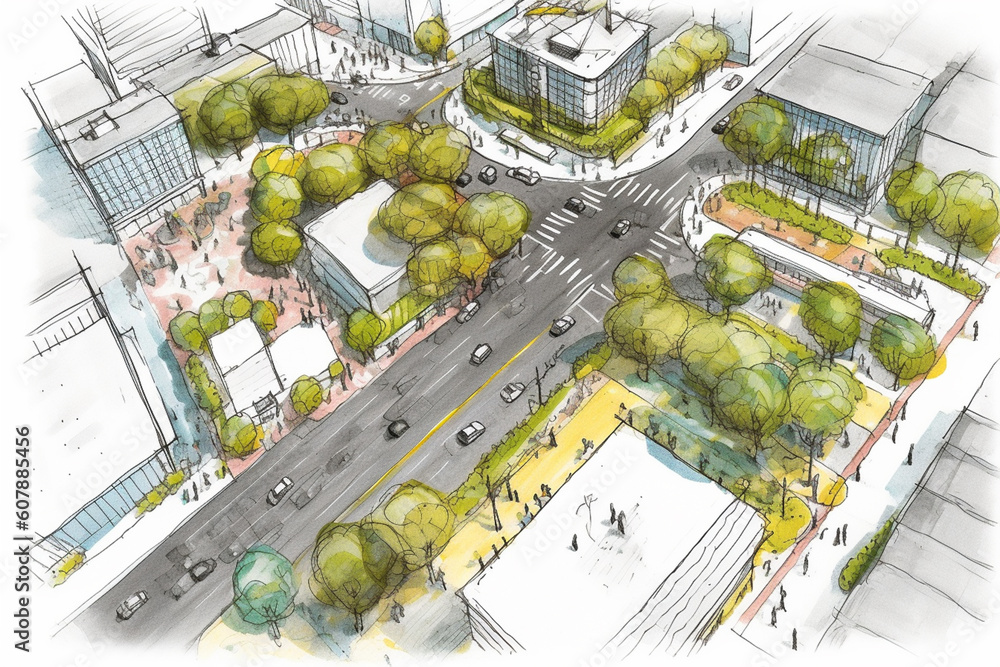 Urban planning sketch highlighting sustainable elements like green ...