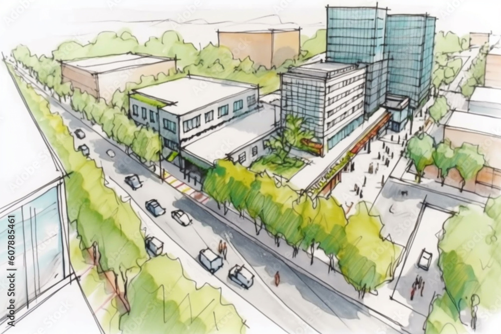 Urban planning sketch highlighting sustainable elements like green ...