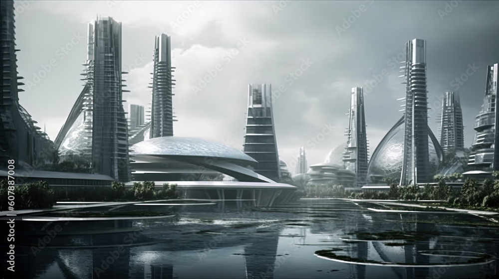 3D Illustration of futuristic architecture with a conical glass ...