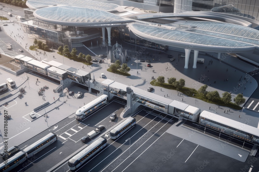 transportation hub, with connected cars, buses, and trains coming and ...