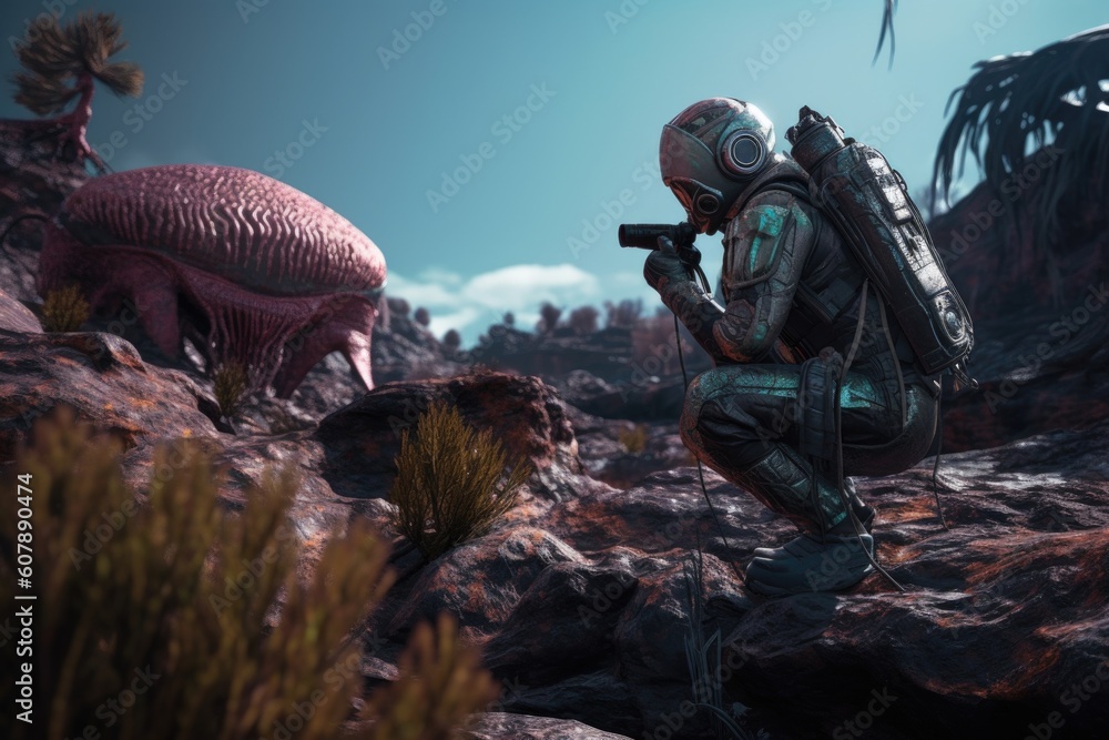 alien scout, exploring new planet and observing indigenous lifeforms ...