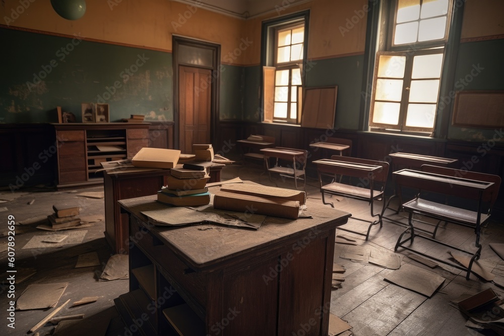 empty classroom setup with old books and dusty desks for a historical ...