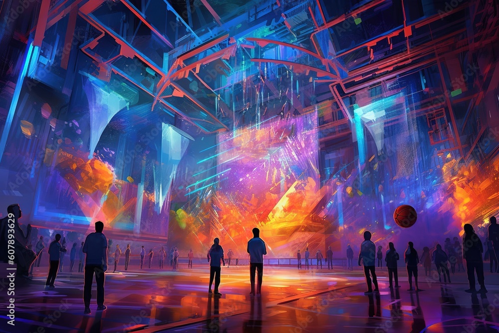 Basketball with a holographic core that shimmers with vibrant colors ...