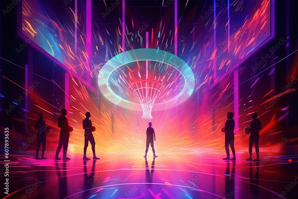 Basketball with a holographic core that shimmers with vibrant colors ...