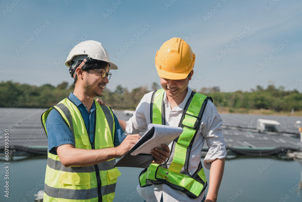 Service engineer checking solar cell on the lake. Team electrical on ...