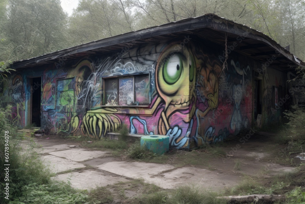 alien graffiti artist using spray paint to decorate abandoned building ...