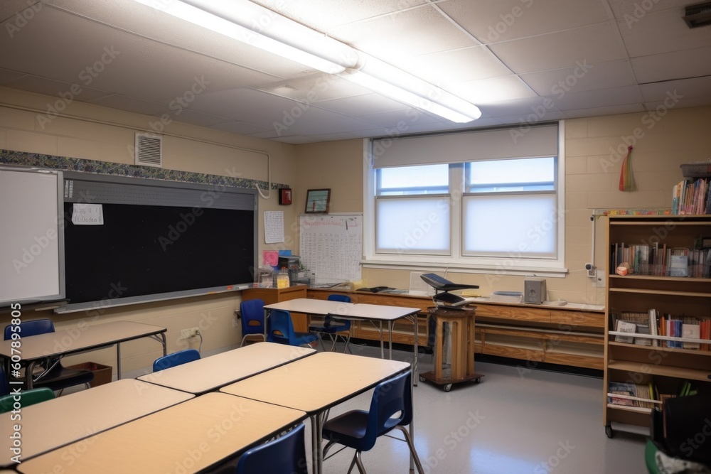 empty classroom with smart board, projector, and bookshelf for creative ...