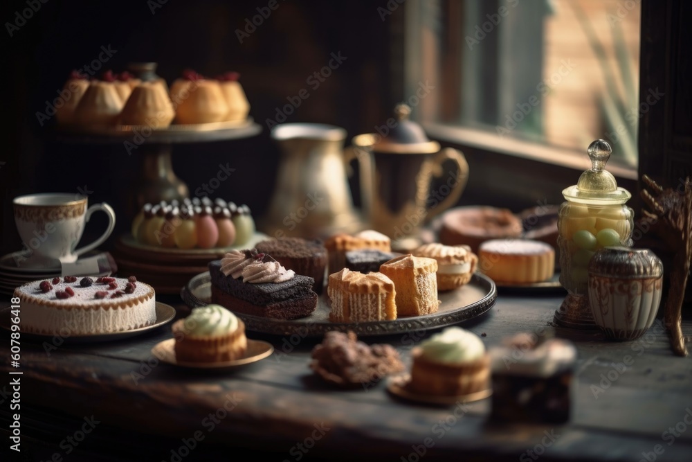 coffee break with pastries and mini cakes in vintage setting, created ...