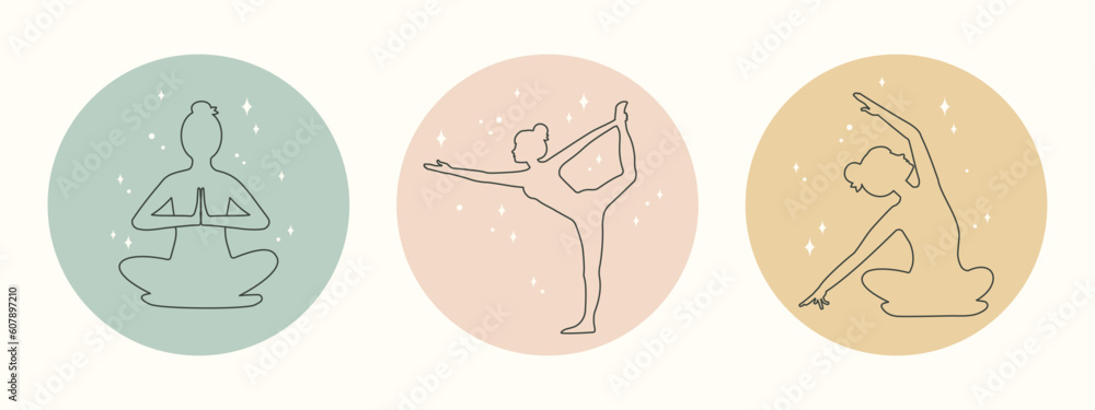 Set of female silhouettes meditating in lotus position. Symbol, logo ...