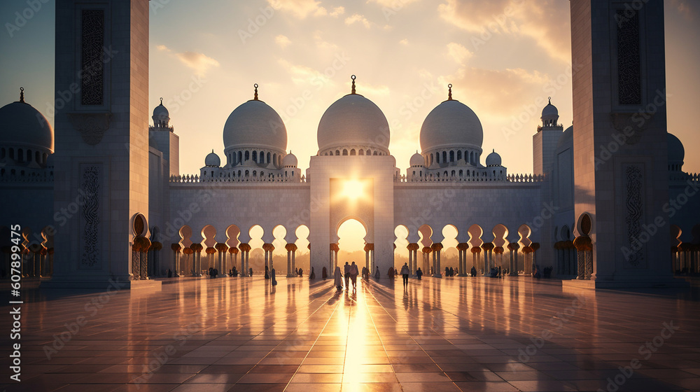 A breathtaking mosque at sunrise, with a Muslim family standing in awe ...