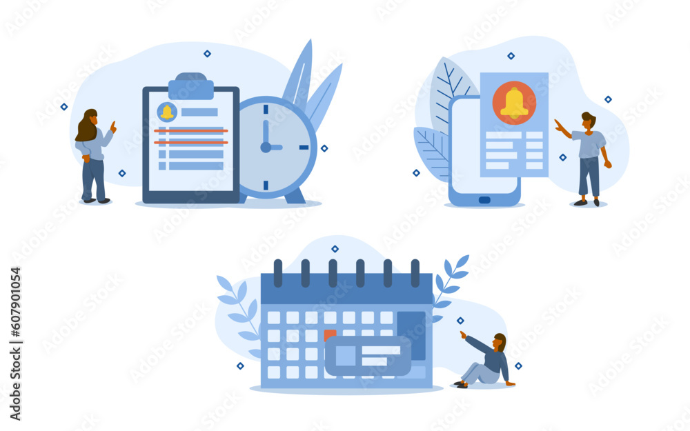 time management illustration set. characters using checklist with clock ...