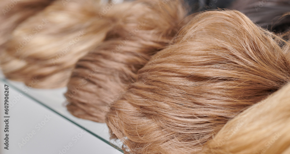 Showcase of natural looking wigs blonde colors in beauty salon ...