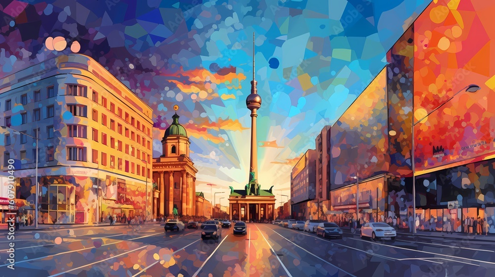 The sun illuminates Berlin's bustling streets, casting a warm glow on ...