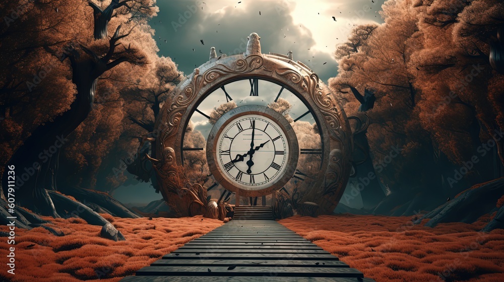 big clock in park, illustration perspective surreal dreamland, idea for ...