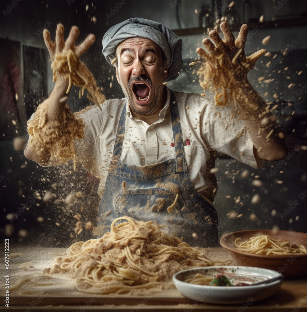 Dynamic Cooking Moment: Overwhelmed Chef Tossing Pasta, Created with ...
