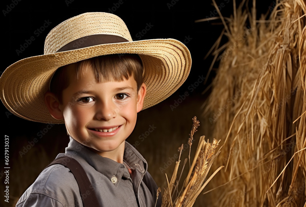 Smiling Young Farmer Boy Portrait with Hay Field - Photo Art Created ...
