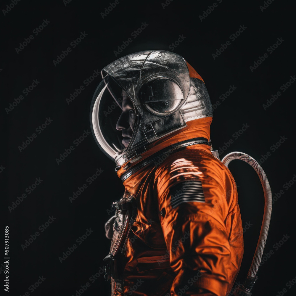 Dramatic Side Profile Portrait of Modern Astronaut in Orange Space Suit ...