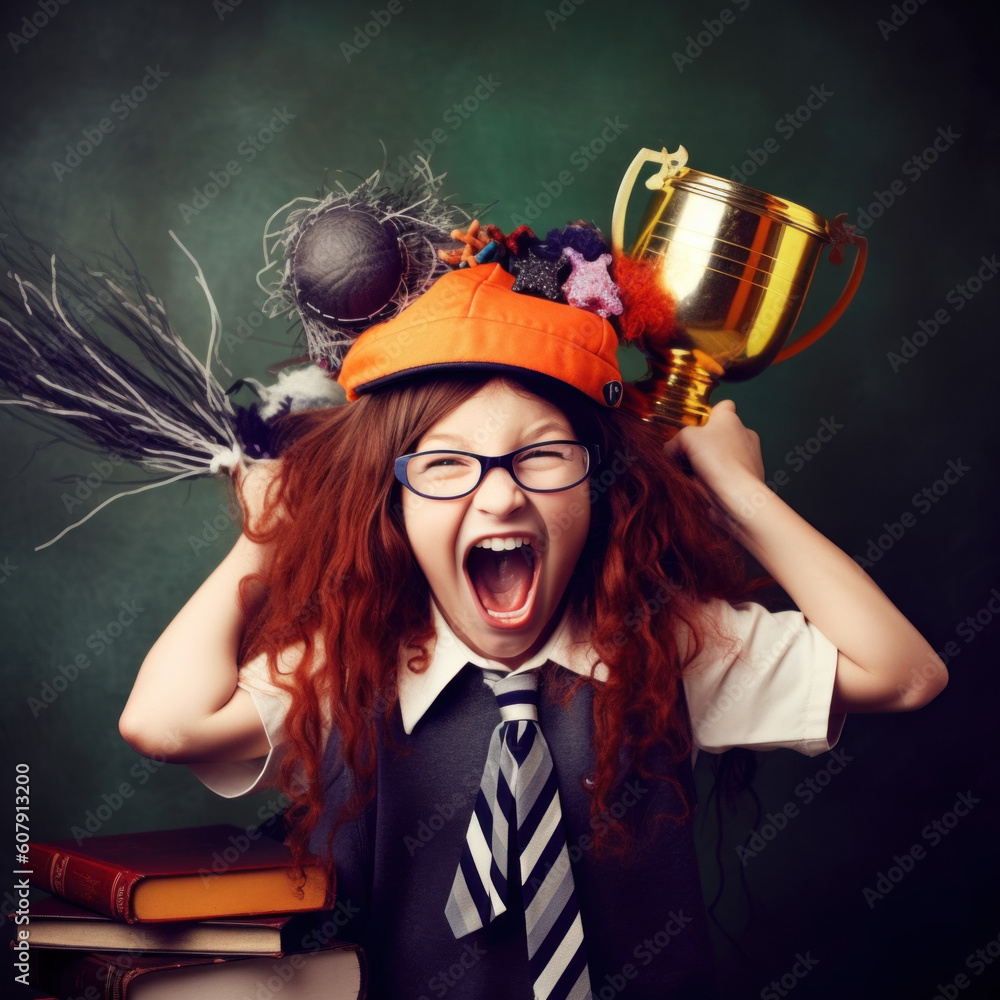 Triumphant Academic Achievement: Excited School Girl Celebrating ...