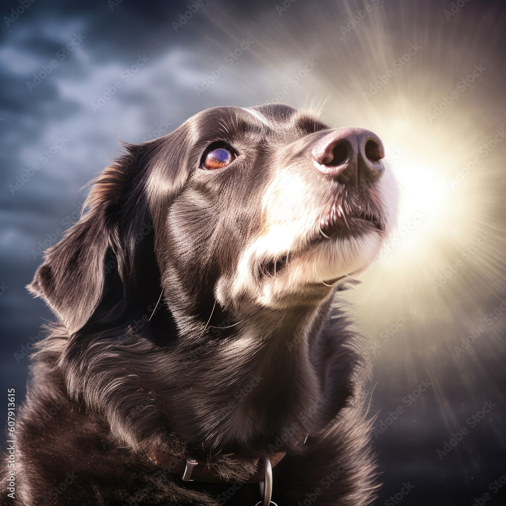 Optimistic Brown Dog Looking Up with Sunburst Background - Photo Art ...