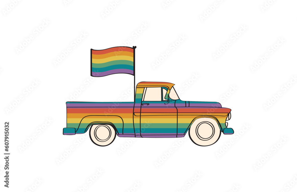 Gay Pride Retro Truck Drawing multicolor Pickup Truck Vector Trendy gay ...