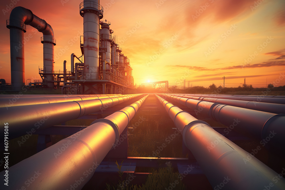 Stunning Sunset Scene Showcasing Pipeline and Pipe Rack in a Petroleum ...