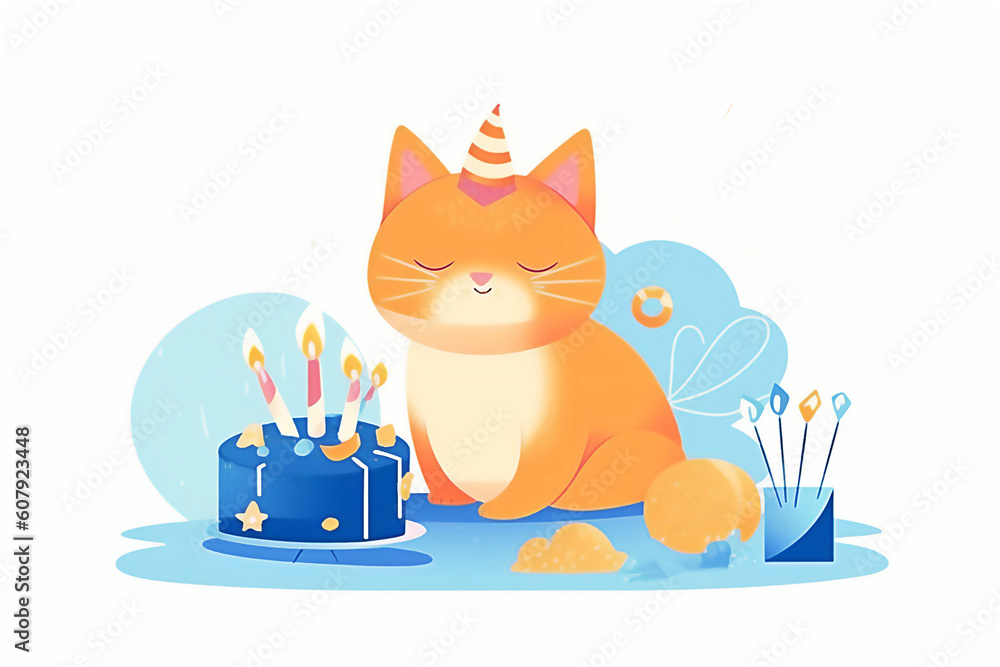 Happy Birthday. Happy Cute cartoon cat. Illustration. Post processed AI ...