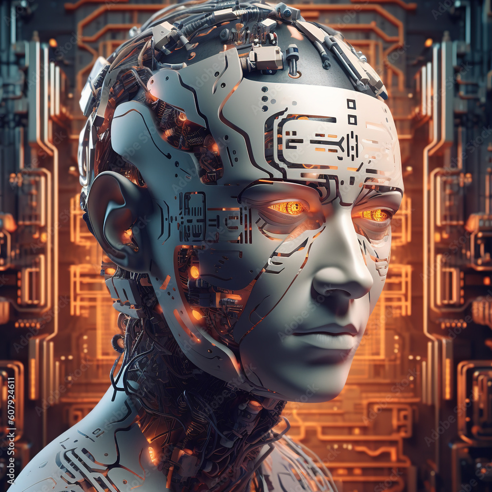 Artificial intelligence Woman Cyborg head with artificial neural ...