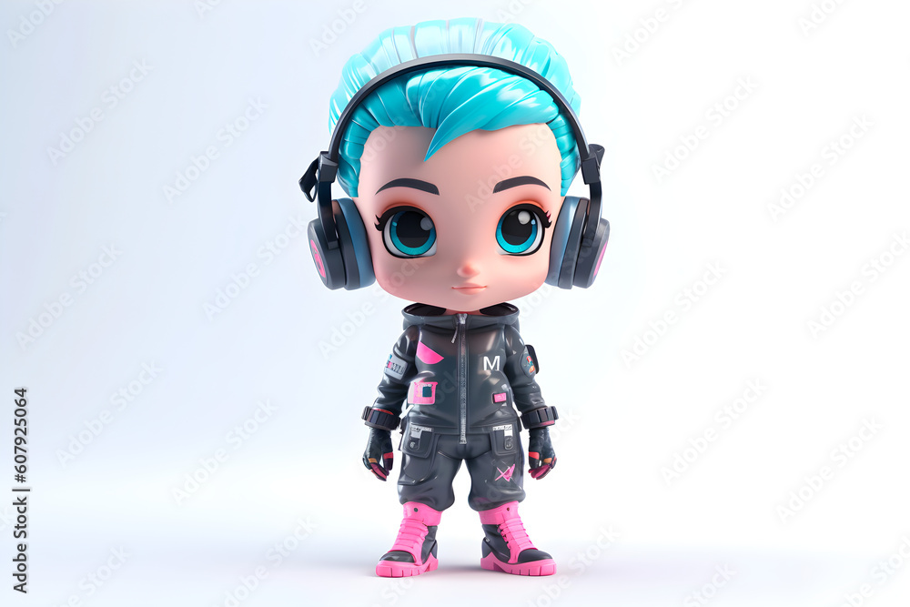 Cute girl wearing techwear on a white background. Adorable chibi 3d ...