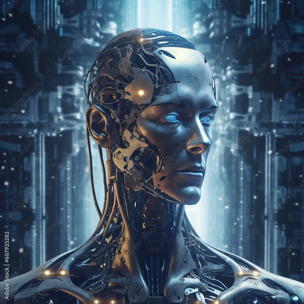 Artificial intelligence in image of cyborg girl with electronic brain ...