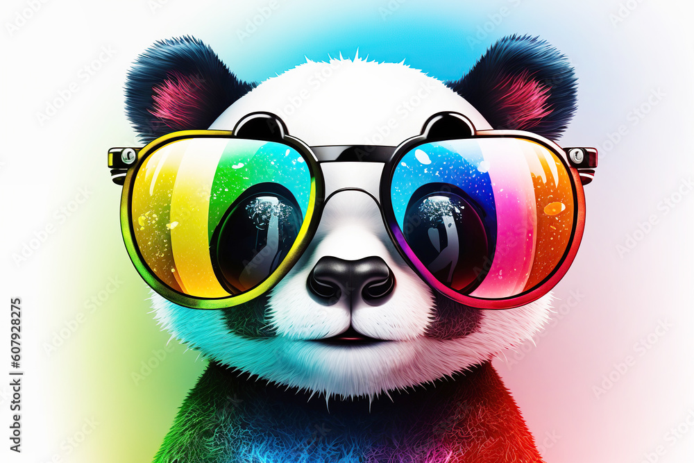 Cartoon colorful panda with sunglasses on white background. Created with generative AI Stock ...