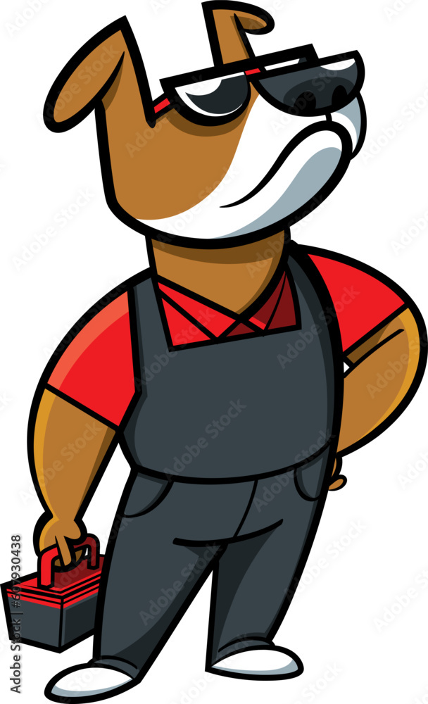 Cartoon image of a dog in a work uniform with a tool box. Isolated ...