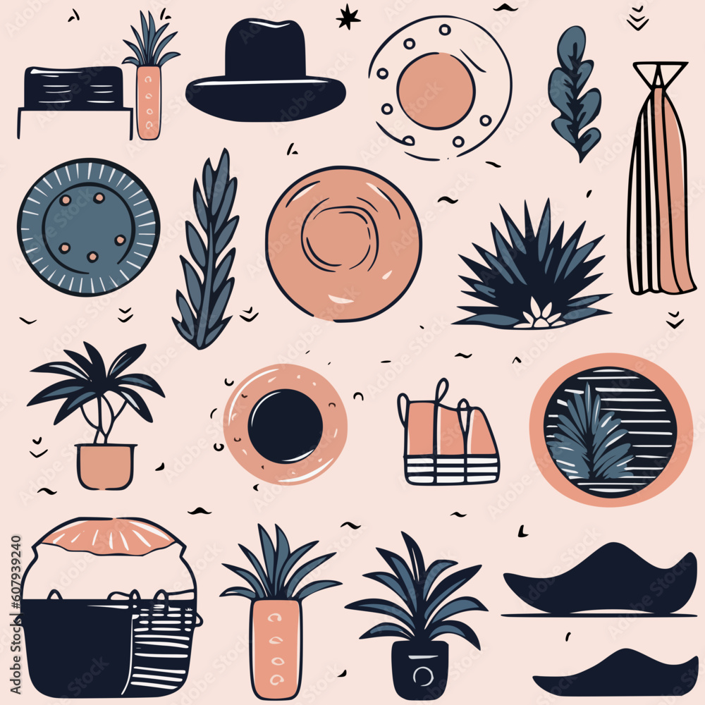 Hand draw, blush and blue, simple line of summer, minimal clipart set ...