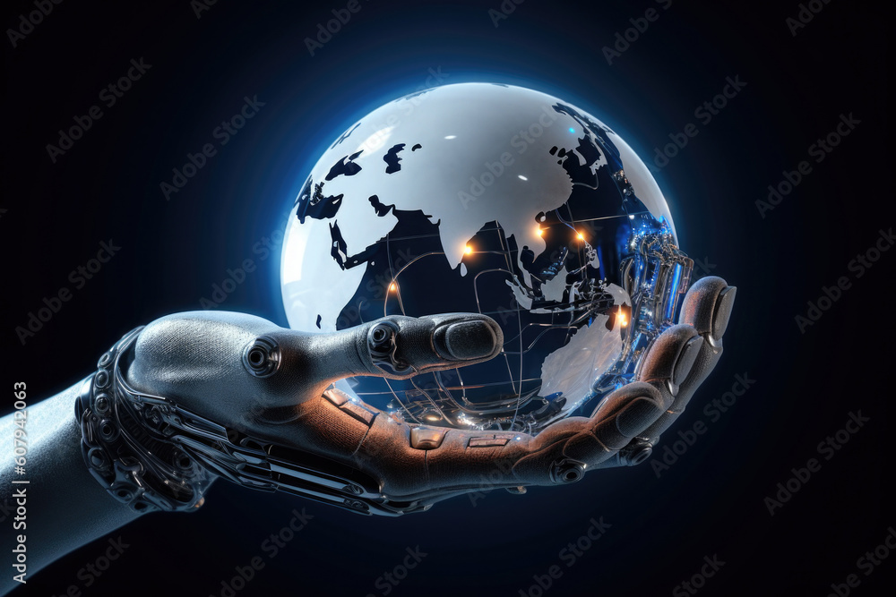 Robot hand holds planet on abstract background. Global world in hand of ...