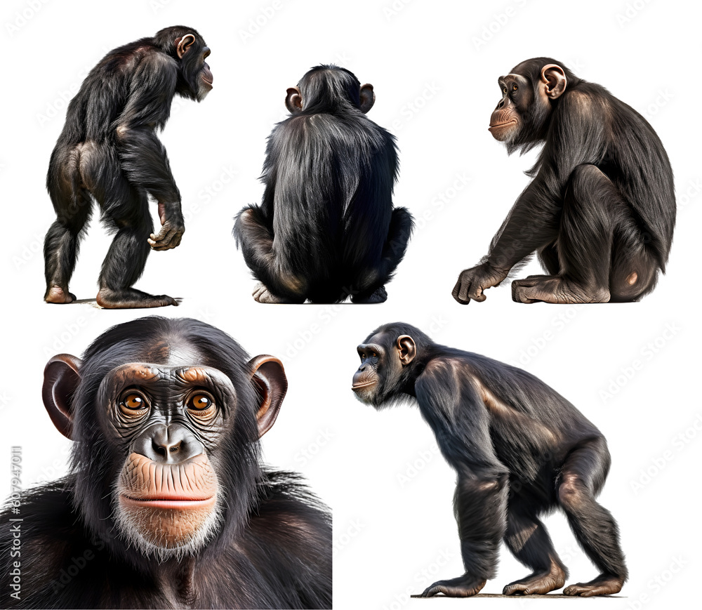 Chimpanzee, many angles and view portrait side back head shot isolated ...