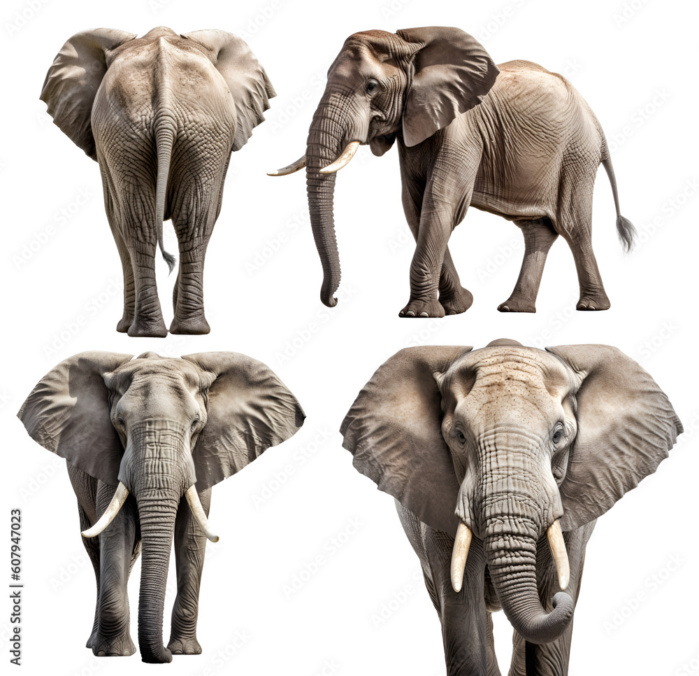 Elephant, many angles and view portrait side back head shot isolated on ...