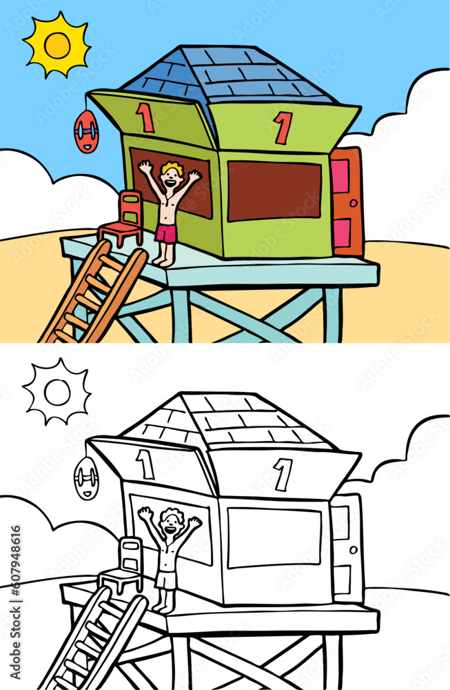 Cartoon image of a lifeguard at his tower at the beach - both color and ...