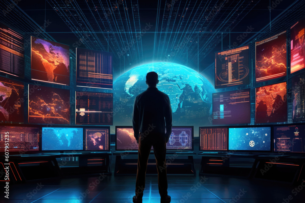 Man standing in front of glowing monitors. Data charts and numbers on ...