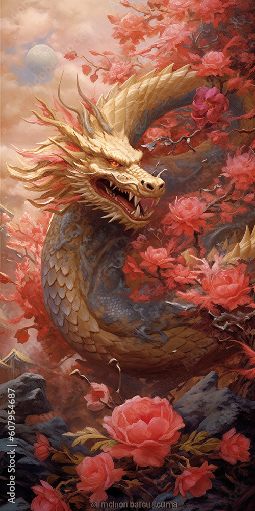 Year of the dragon vertical banner art. Generative AI illustration ...
