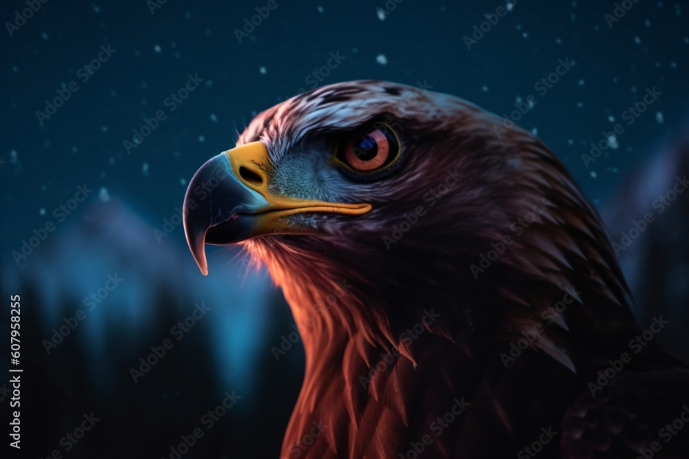 head of hawk with red eyes in front of starry sky created with ...