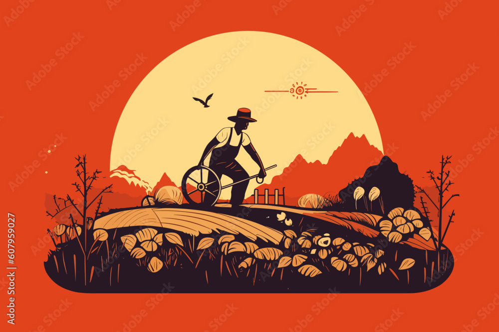 Doodle inspired Farmer harvesting the crops, cartoon sticker, sketch ...