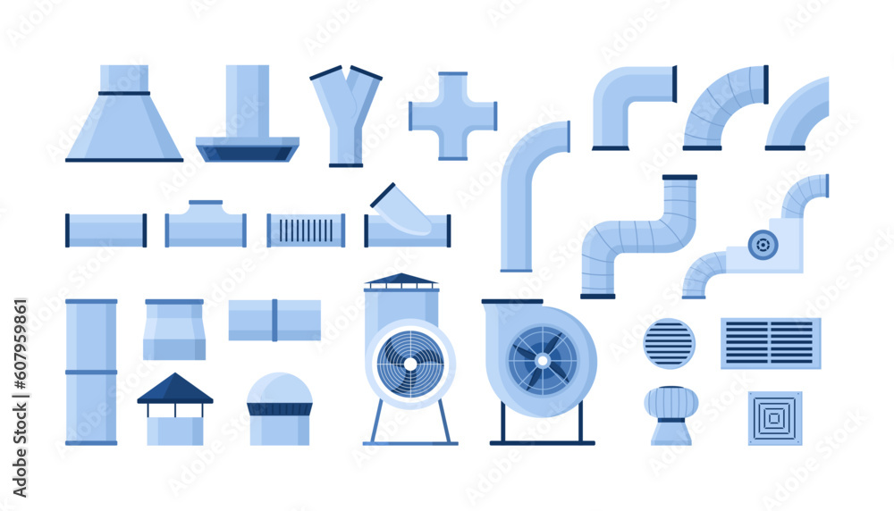 Air duct set vector illustration. Cartoon isolated ventilation and ...