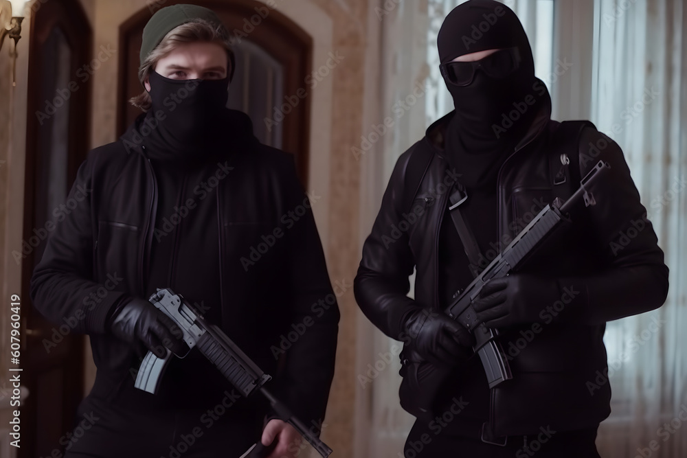 Bank robbery of the century. Criminal man in a hidden mask holding the ...