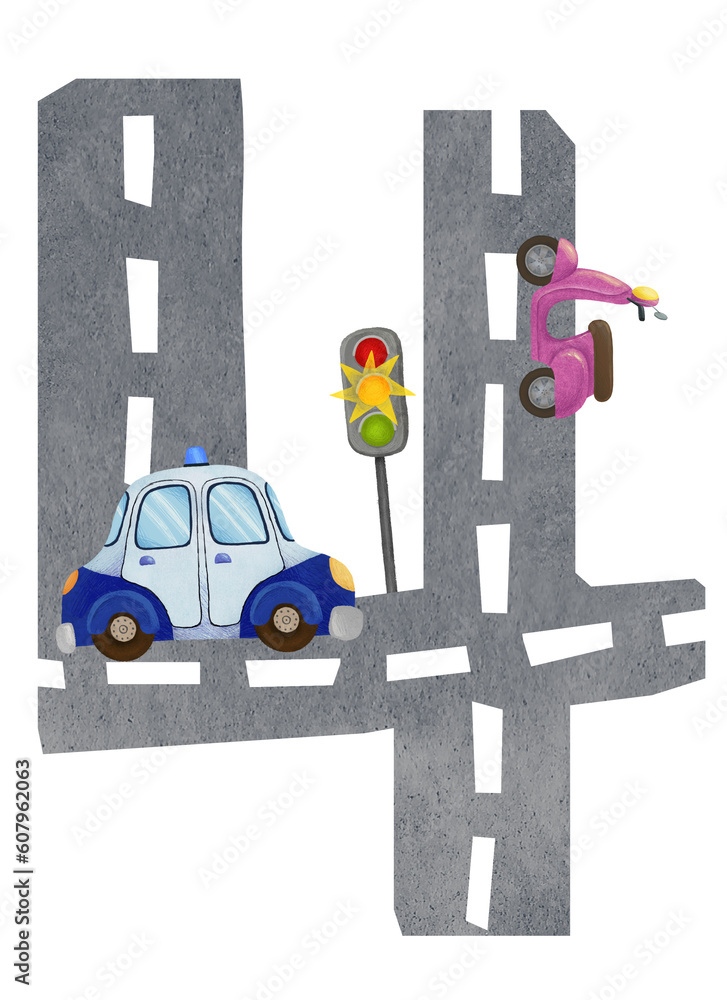 Number four (4) road and cars children illustration. Isolated on ...