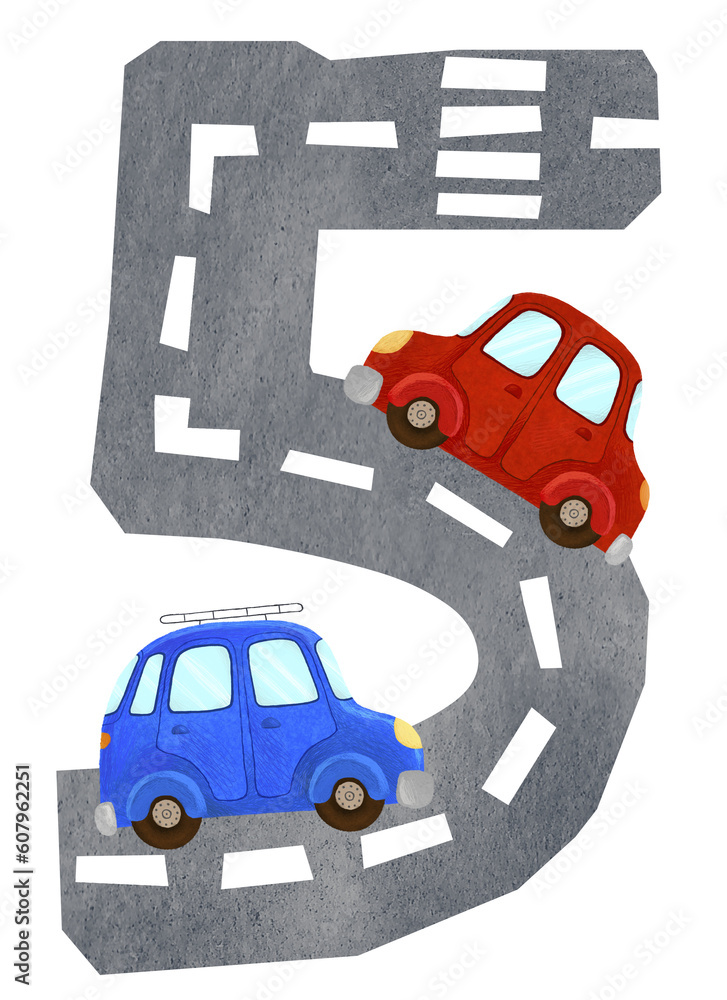 Number five (5) road and cars children illustration. Isolated on ...